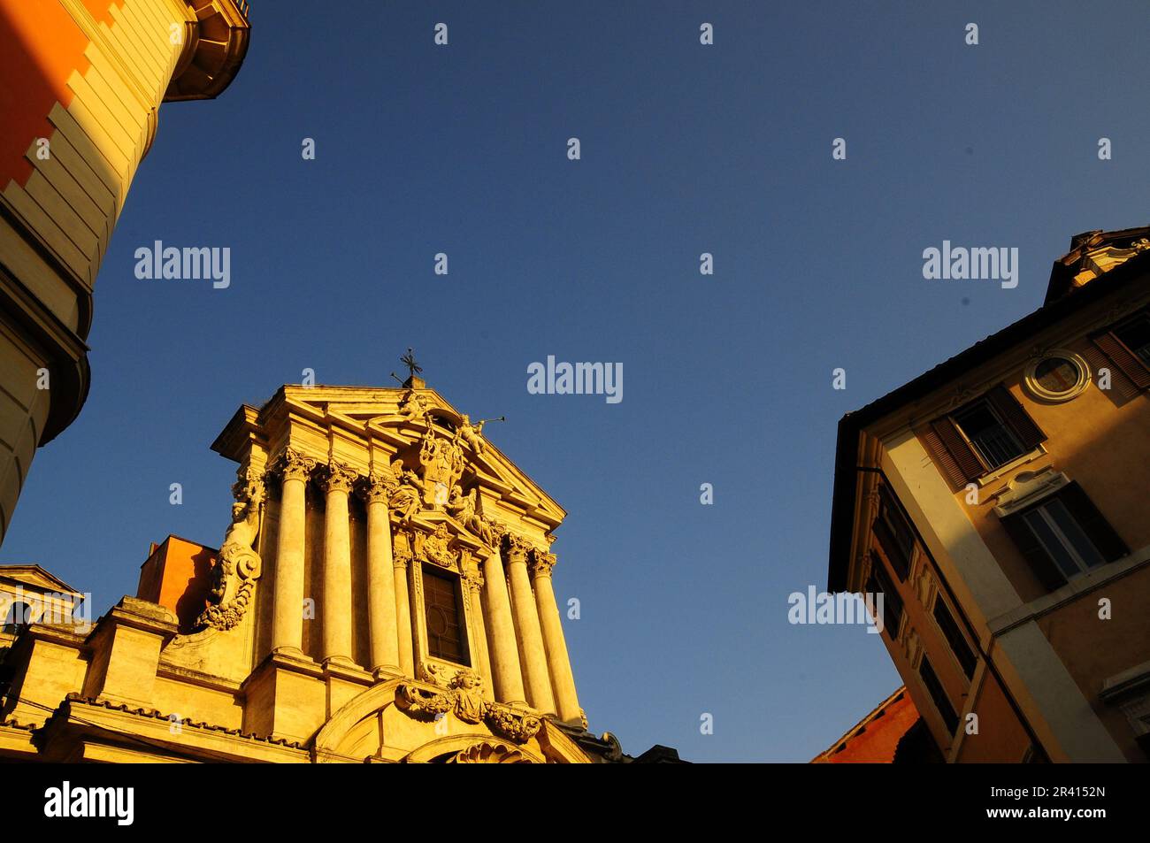 Low angel view of old building with sculptures in Rome Italy Stock ...