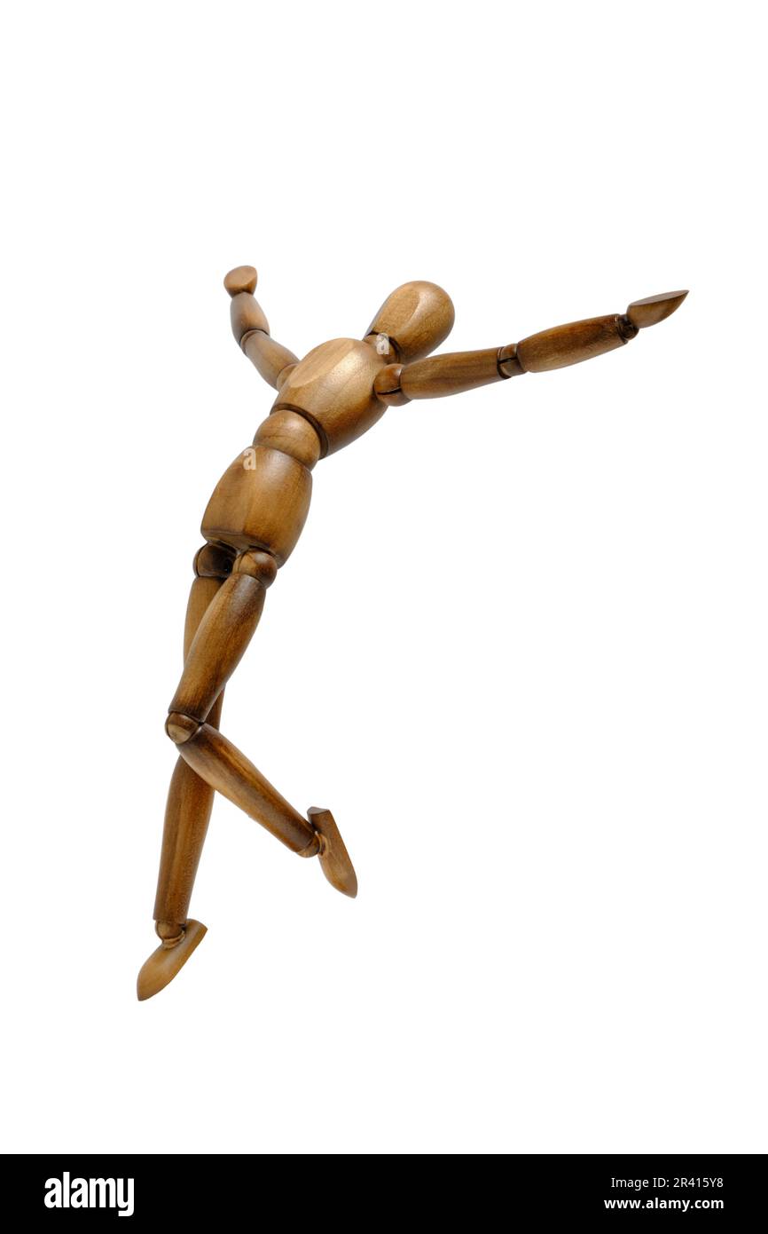 Wooden brown mannequin in pose admiration and joy.Raising his hands ...