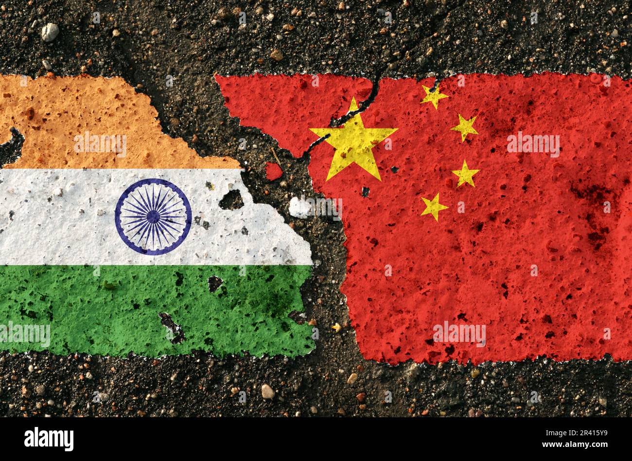 On the pavement are images of the flags of India and China, as a symbol ...