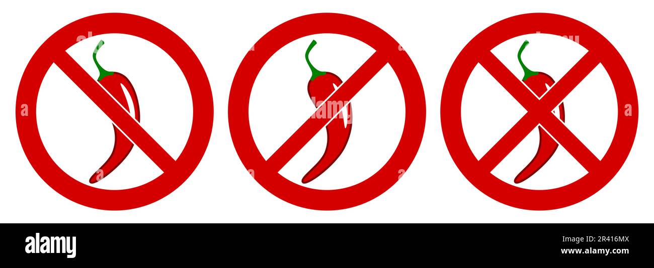 Red hot chilli pepper icon in red crossed circle, doublecrossed sign as ...