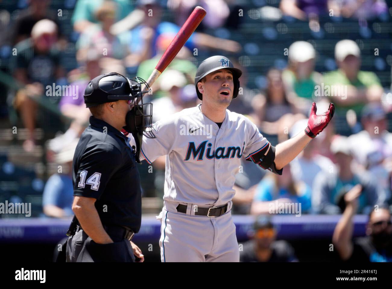 Miami Marlins' Nick Fortes, right, reacts after he was called out on ...