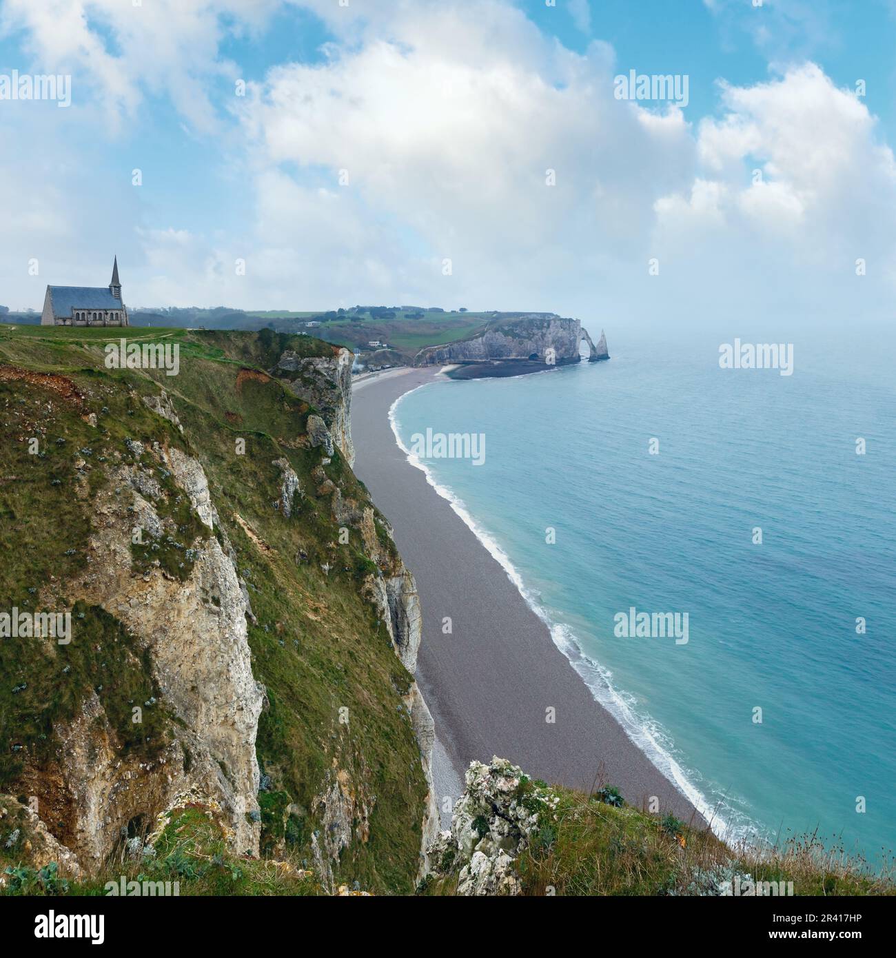 Etretat spring coast, France and church (Chapelle Notre-Dame-de-la ...