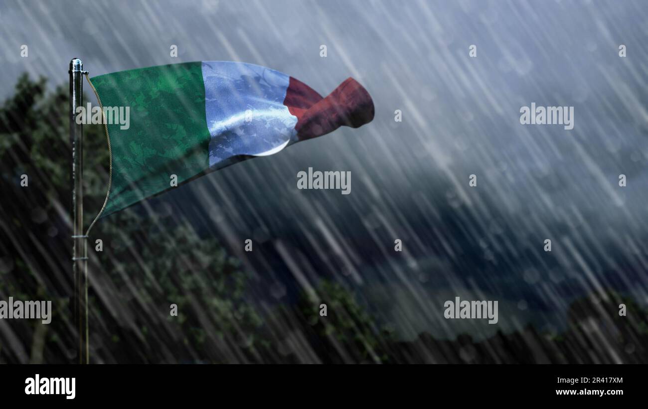 flag of Italy with rain and dark clouds, tempest forecast symbol ...