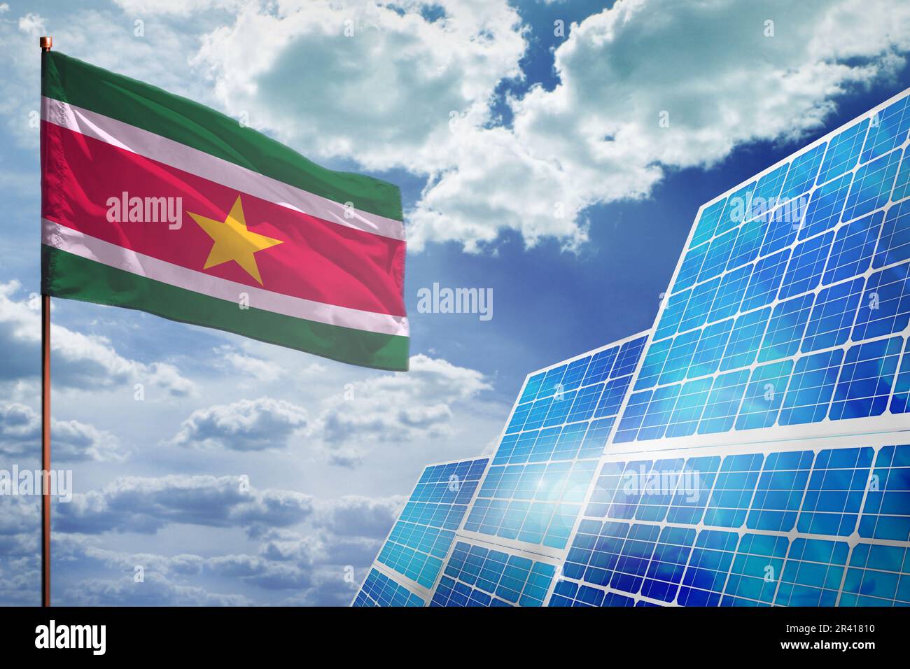 Suriname solar energy, alternative energy industrial concept with flag ...