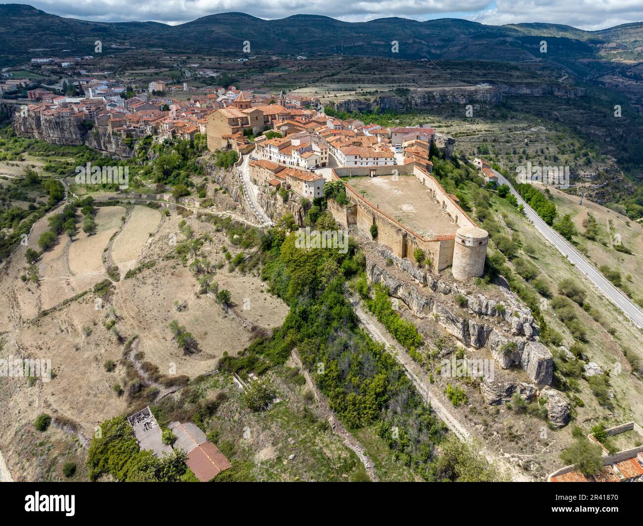 Spanish medieval town of Cantavieja Side panoramic aerial view, Teruel ...