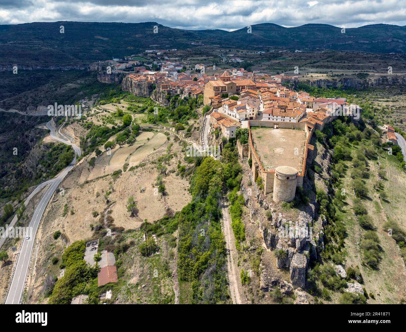 Spanish medieval town of Cantavieja Front panoramic aerial view, Teruel ...