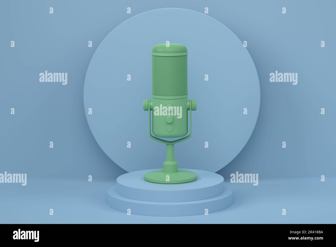 Studio condenser microphone on cylinder podium with steps on monochrome ...