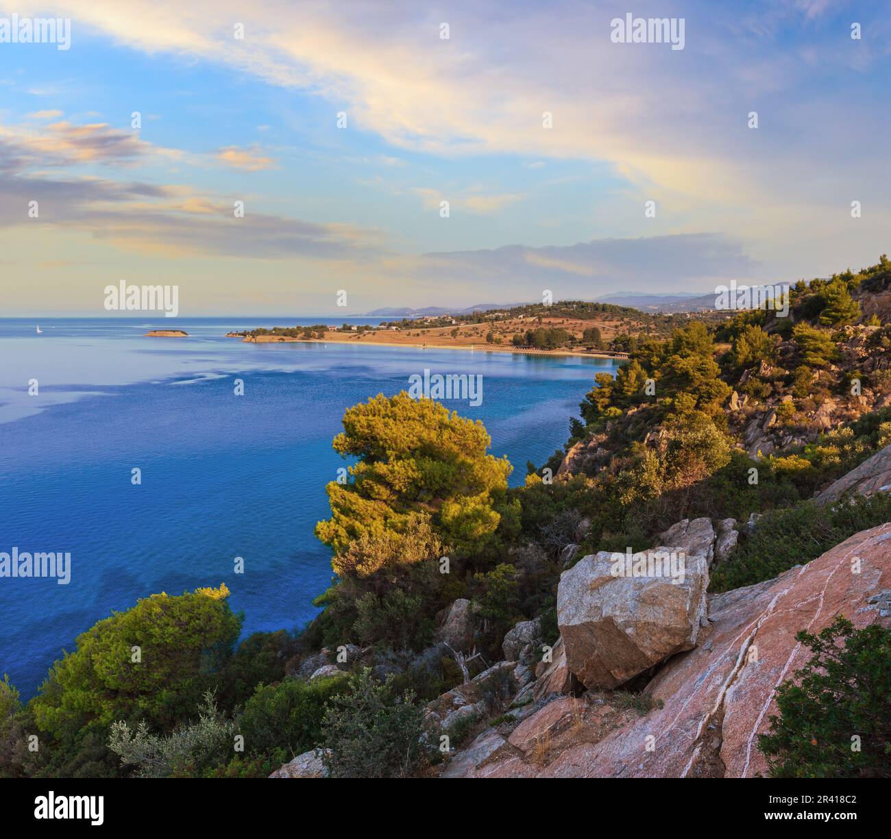 Dusk Aegean Sea coastline and Kastri beach. Summer top view (Nikiti ...