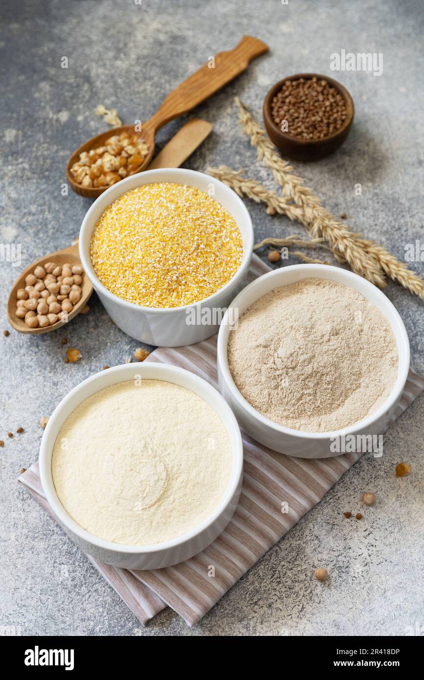 Food and baking gluten free ingredient. Cereals and flours coarse, corn ...