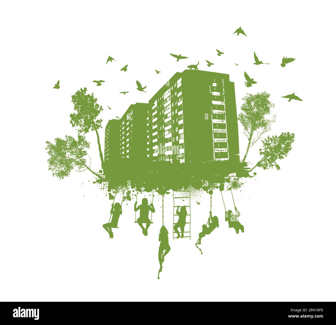 Green leaf with eco friendly city buildings and people. Green city ...