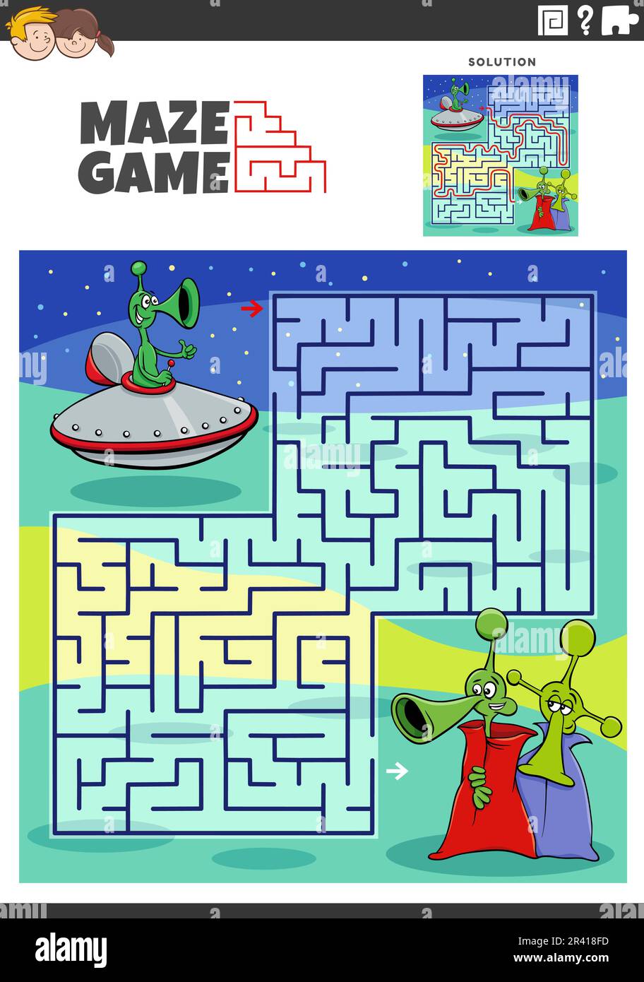 Maze game activity with cartoon alien characters Stock Photo - Alamy