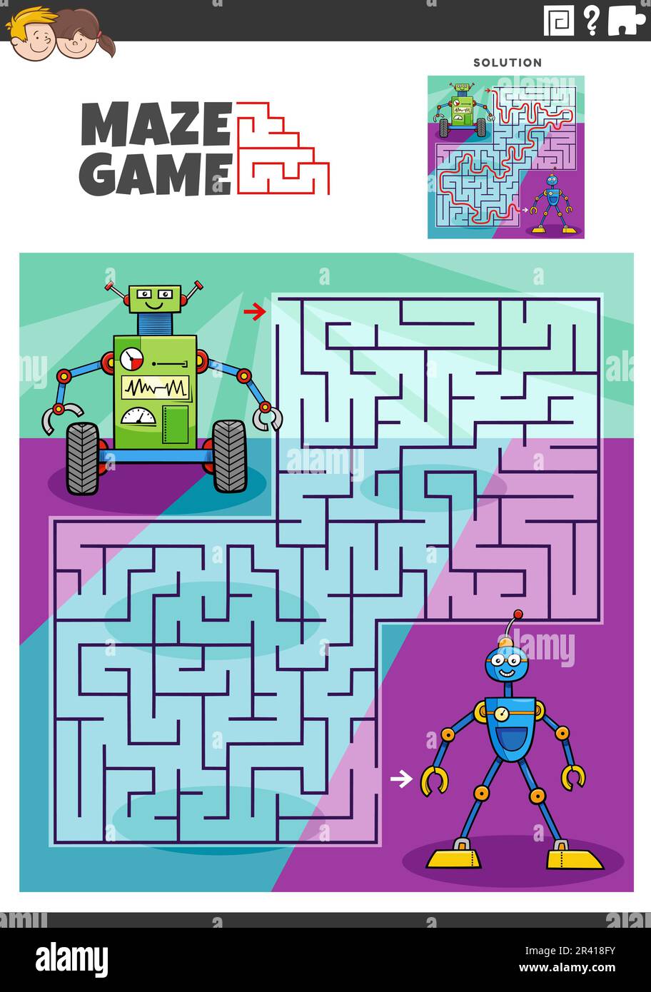 Maze activity with cartoon robots or droids characters Stock Photo - Alamy