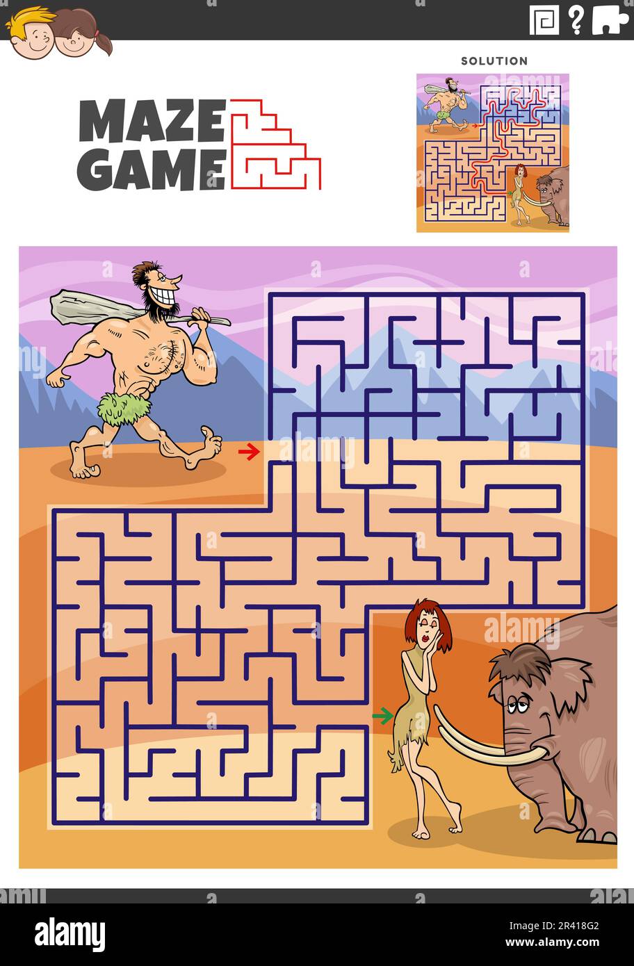 Maze game with cartoon couple of cavemen characters Stock Photo - Alamy