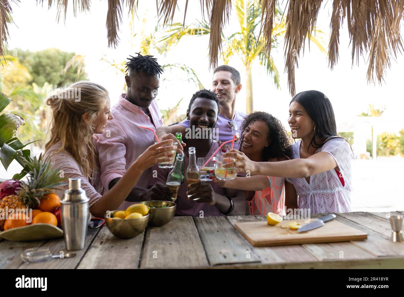 Happy diverse friends having party at beach, making a toast Stock Photo ...