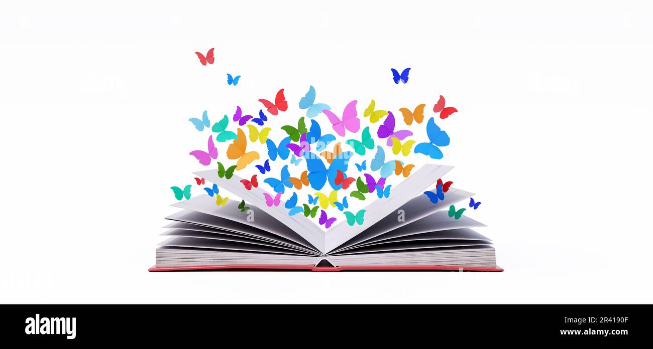 Colorful butterflies fly out from open book. Knowledge and education ...