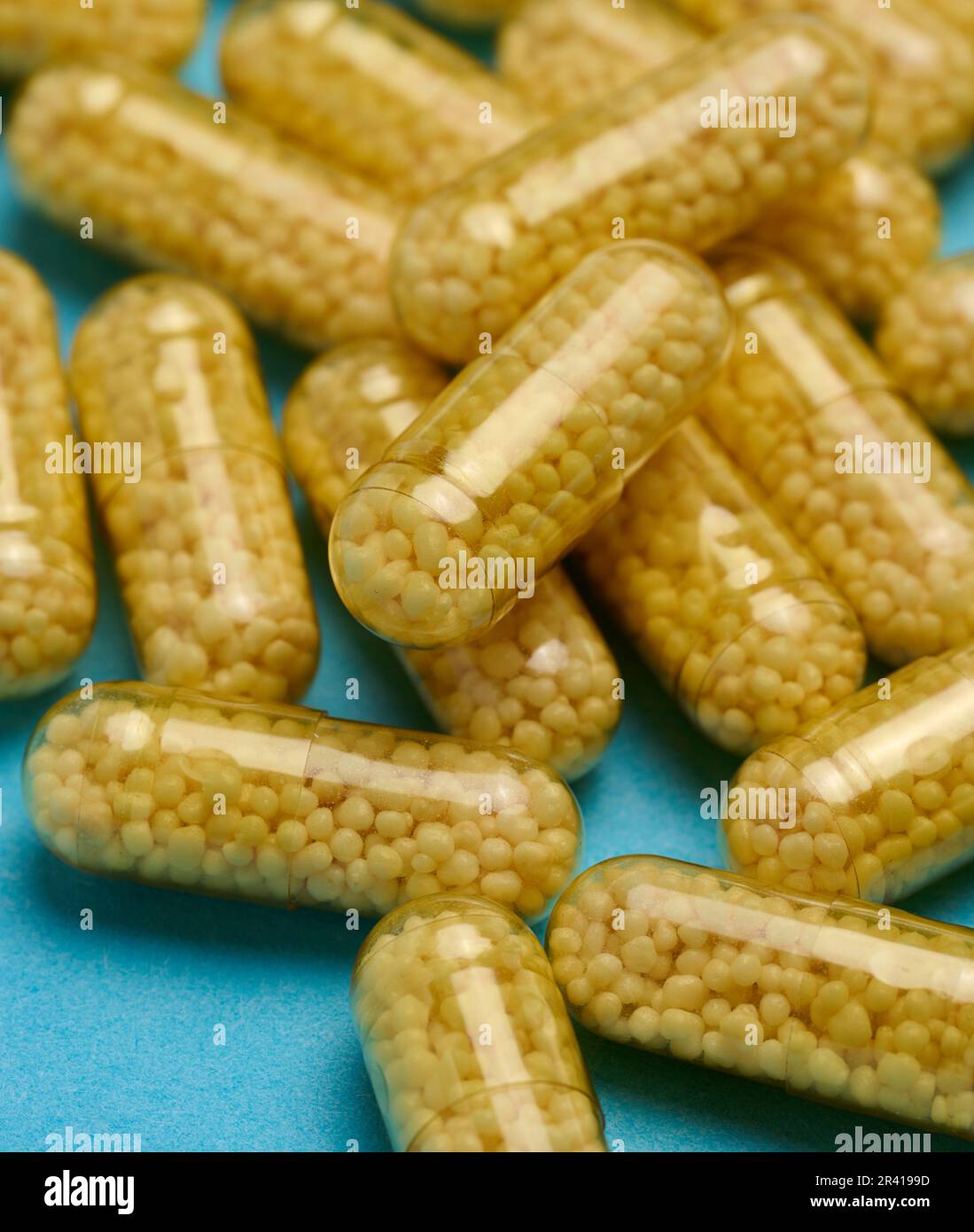 Transparent medical capsules with yellow granules inside on a blue ...