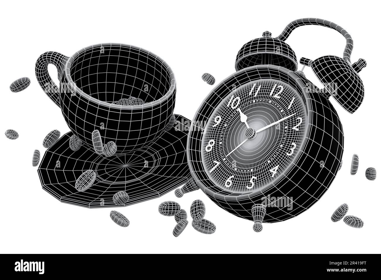 Vintage alarm clock with ceramic coffee cup on green background. 3d ...