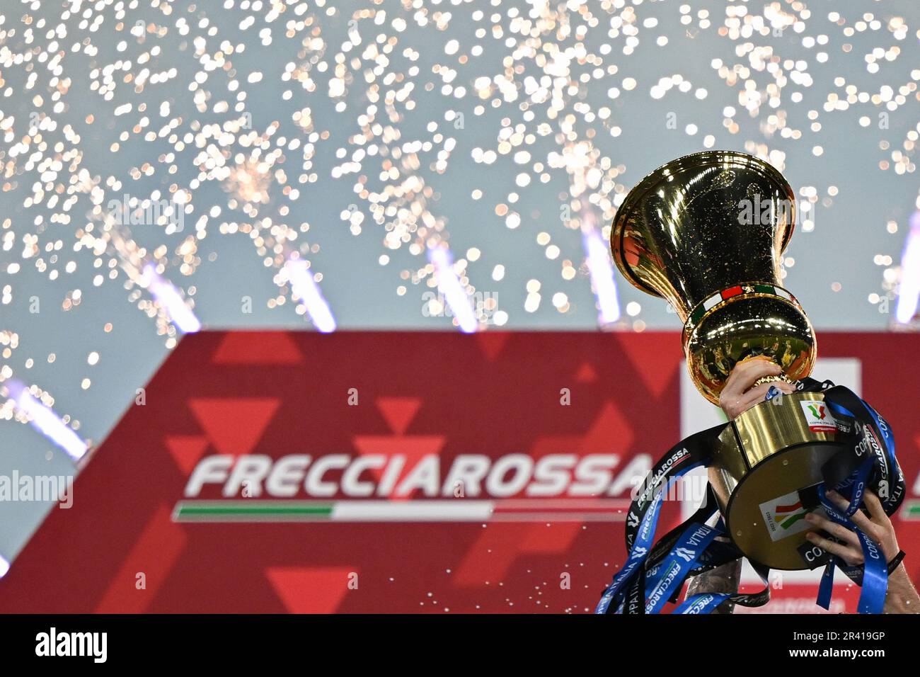 The trophy following the 2-1 victory in the Coppa Italia Frecciarossa Final match between ACF ...