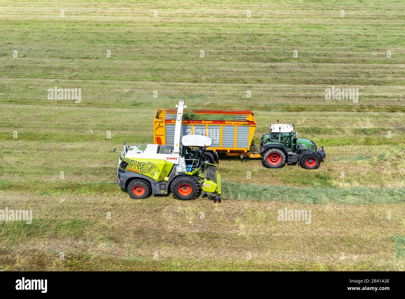 Hay harvest, on a Rhine meadow near Duisburg-Beeckerwerth, a forage ...