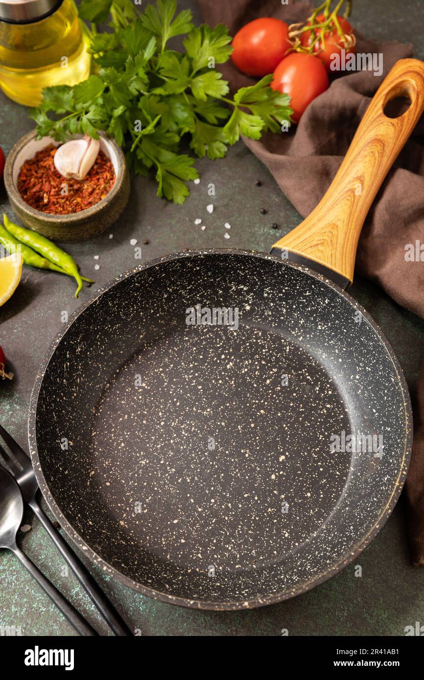 Food cooking background with Frying pan. Empty skillet, vegetables ...