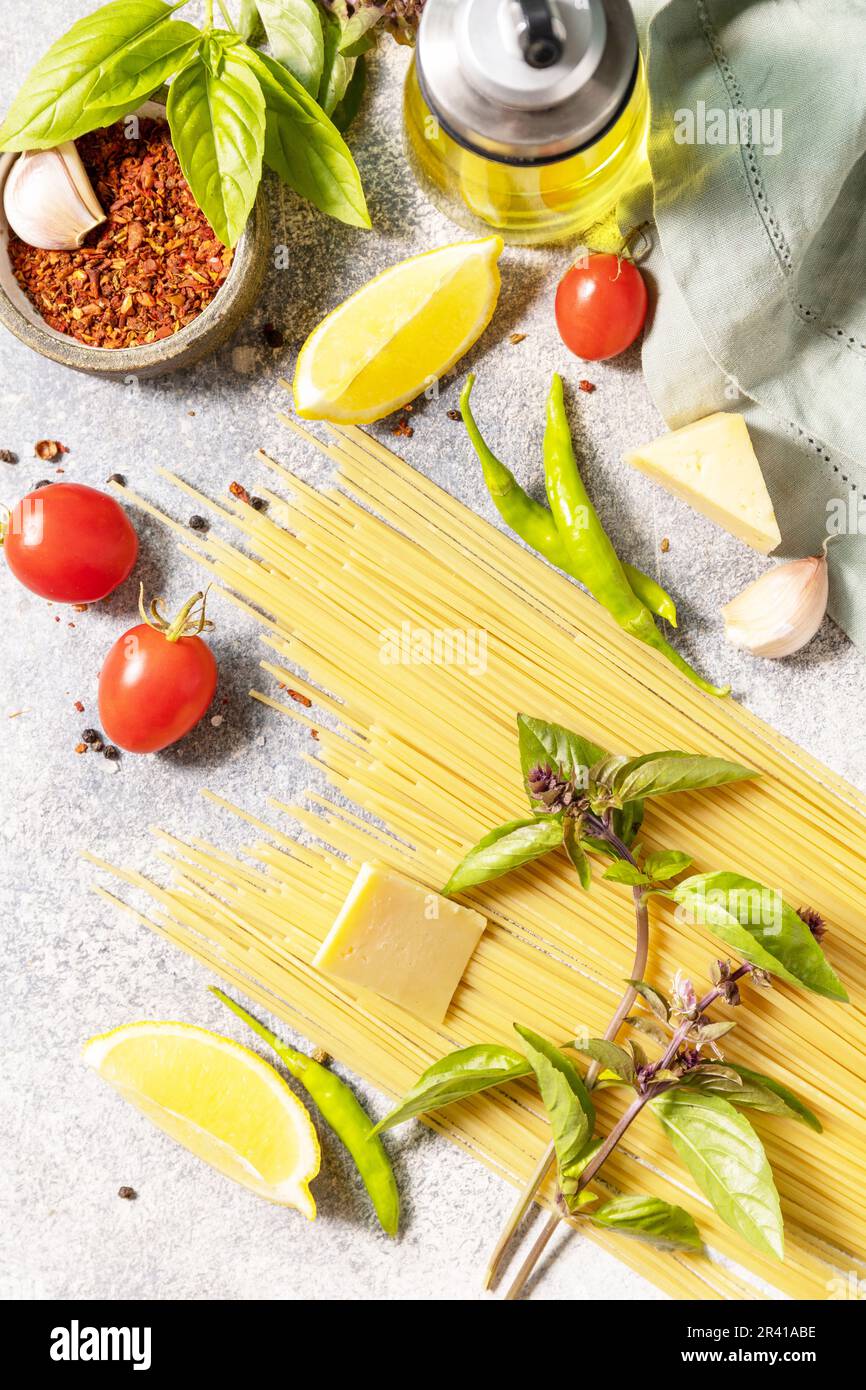 Italian food background. Cooking traditional italian pasta. Ingredients ...