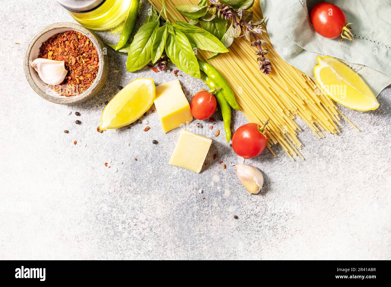 Cooking traditional italian pasta. Ingredients on a stone tabletop ...