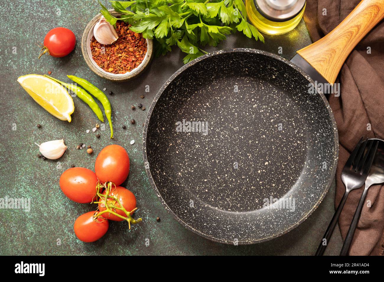 Food cooking background with Frying pan. Empty skillet, vegetables ...