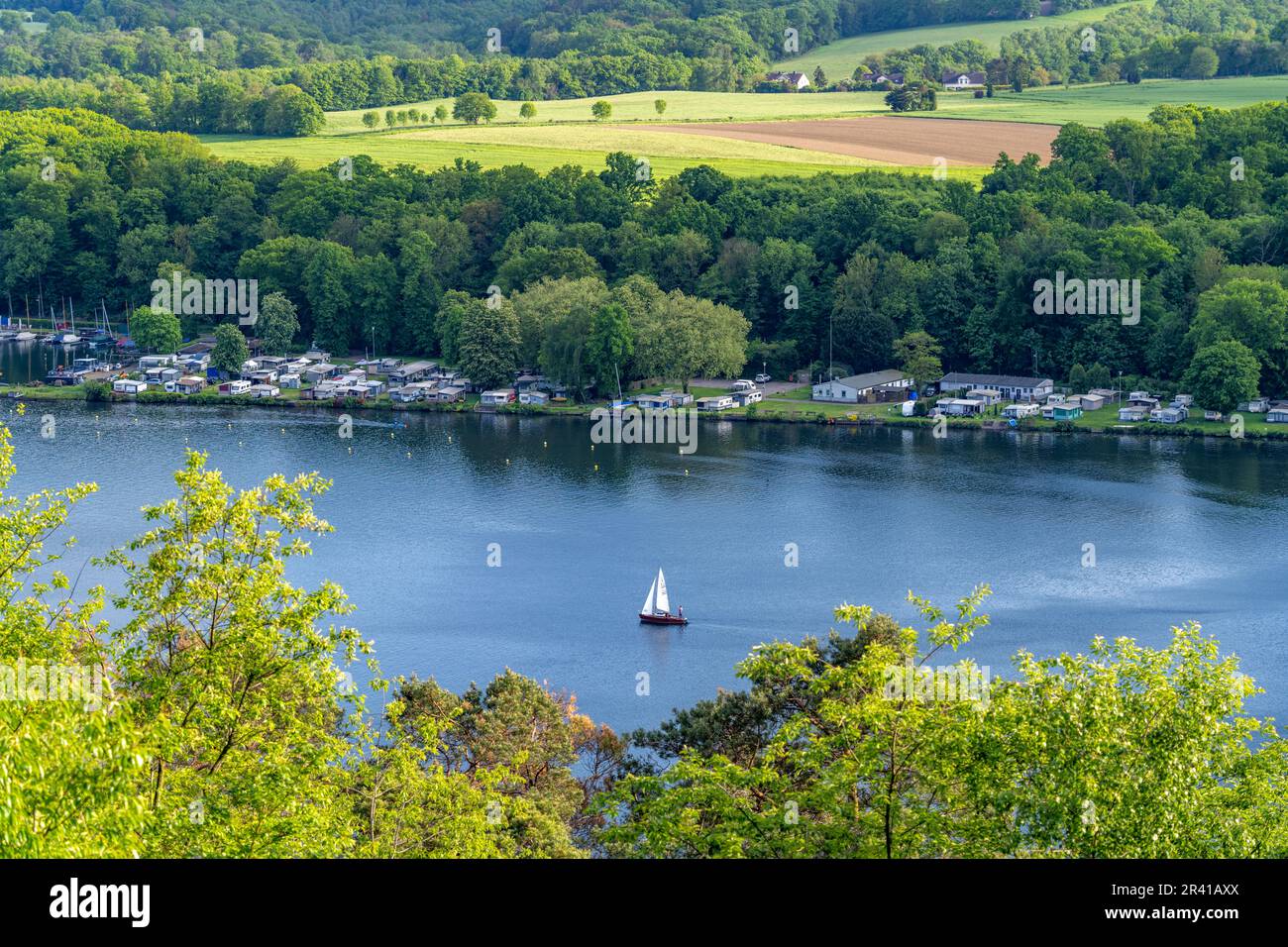 Lake Baldeney in Essen, Ruhr reservoir, view of the eastern shore ...