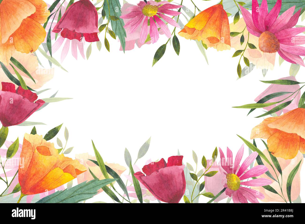 Summer wildflower frame, watercolor illustration. Floral border with ...