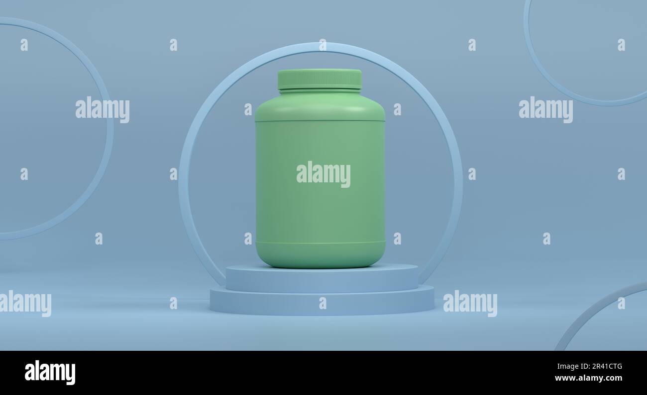 Plastic jar for sport nutrition whey protein powder on cylinder podium ...