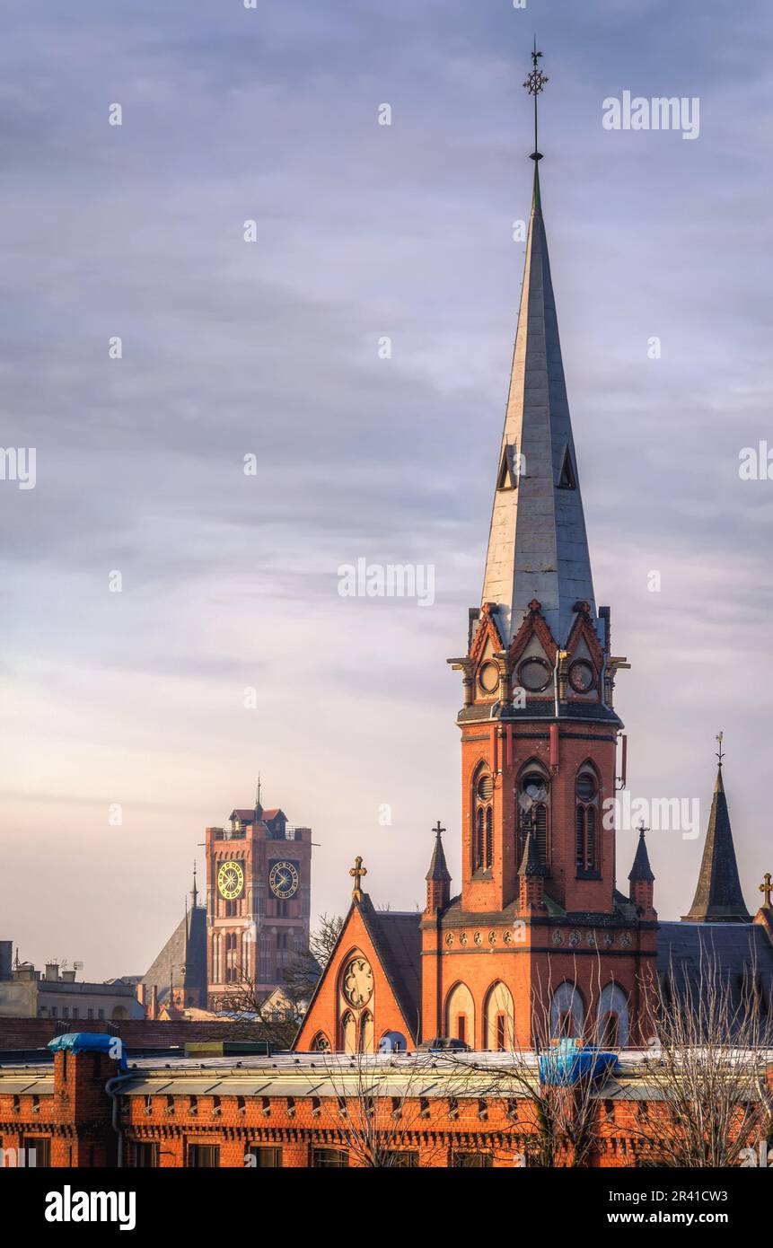 Panorama of Torun, old medieval town in Poland. Gothic church and town ...