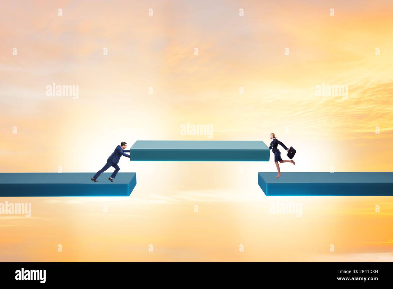 Concept of teamwork with bridge being built Stock Photo - Alamy