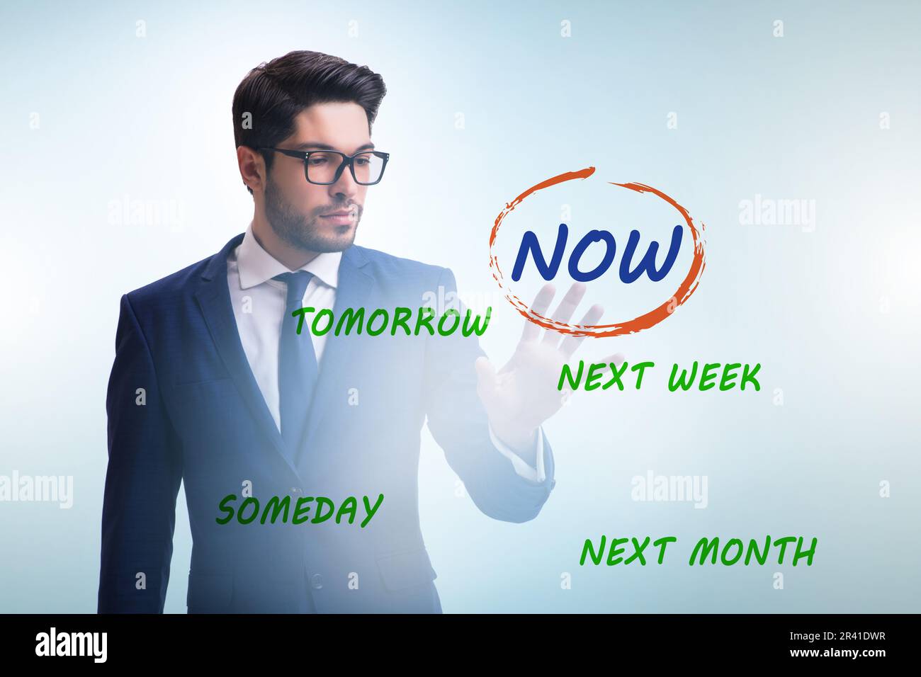 Concept of procrastination with now or later Stock Photo - Alamy