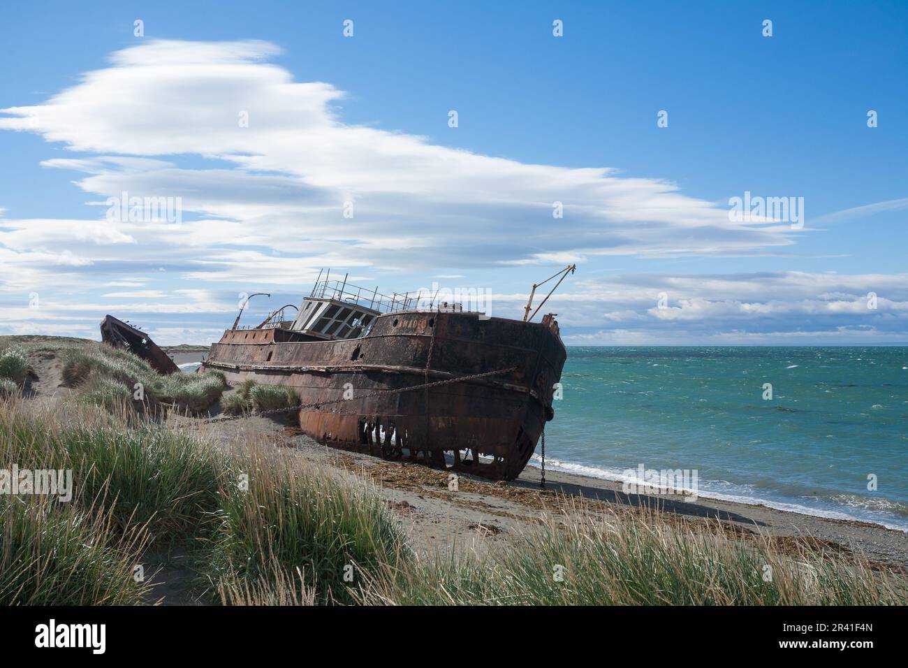 Wreckages on San Gregorio beach, Chile historic site. Beached ships ...