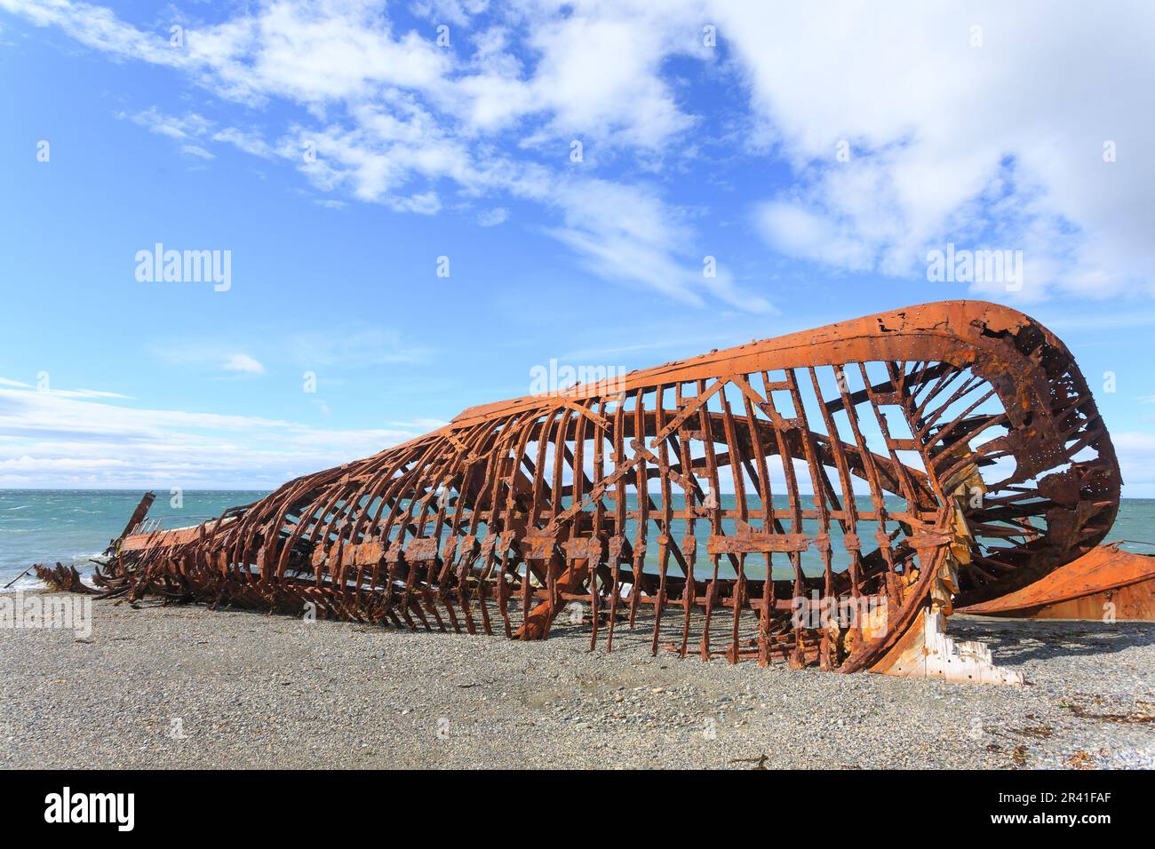 Wreckages on San Gregorio beach, Chile historic site. Beached ships ...