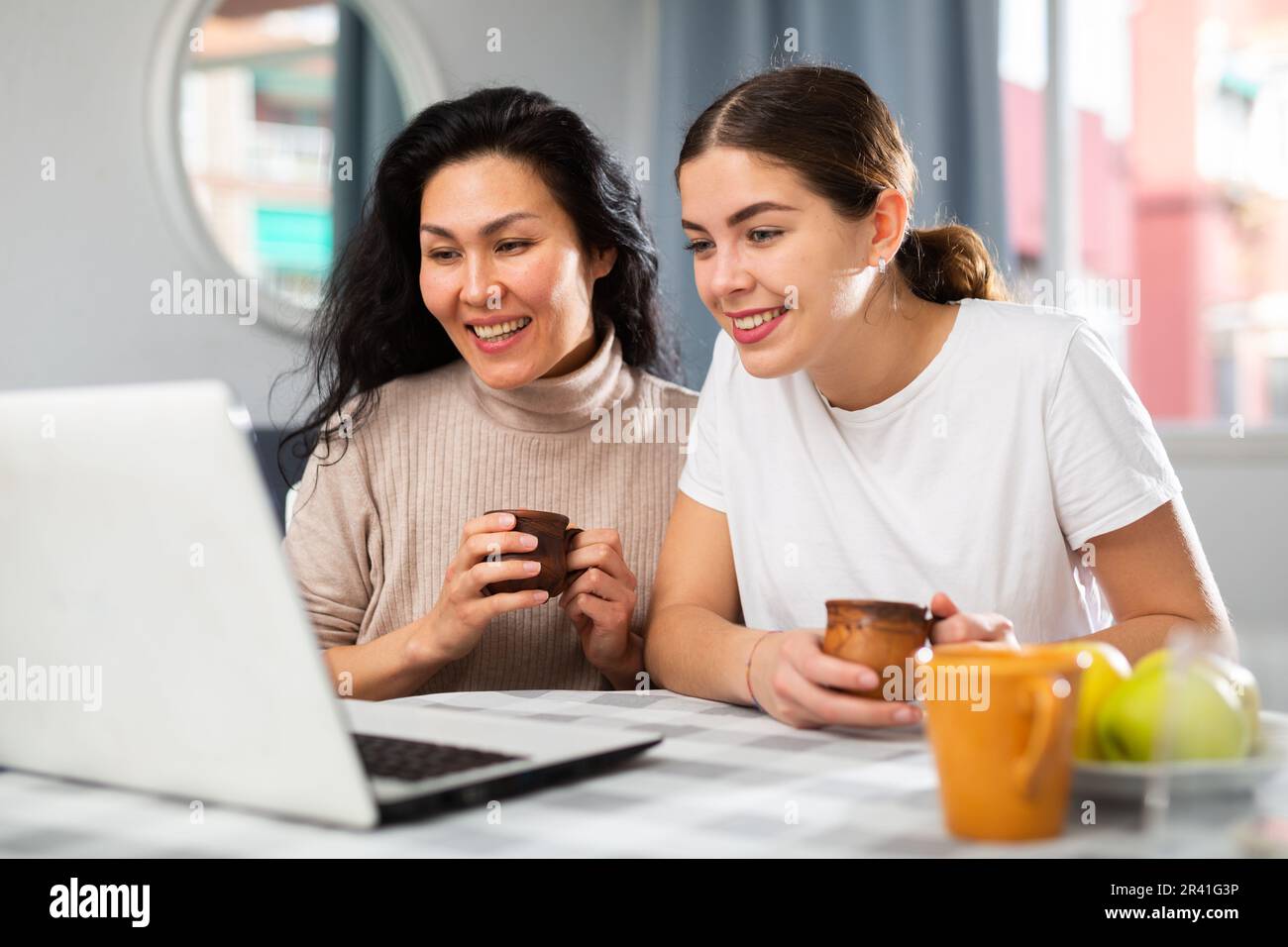 Two women having video call conversation at home Stock Photo - Alamy