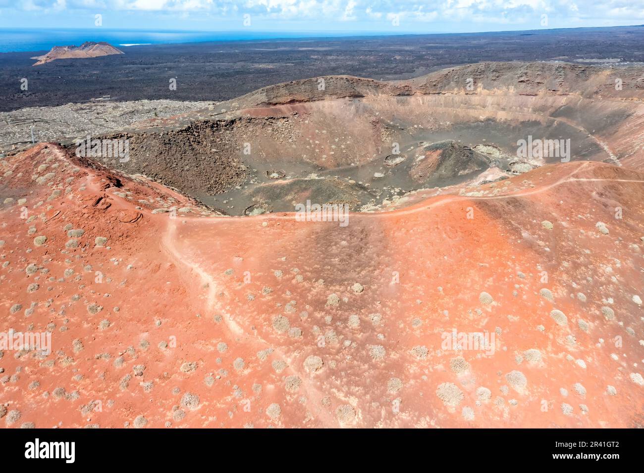 Volcano crater in Timanfaya National Park on Lanzarote Island aerial ...