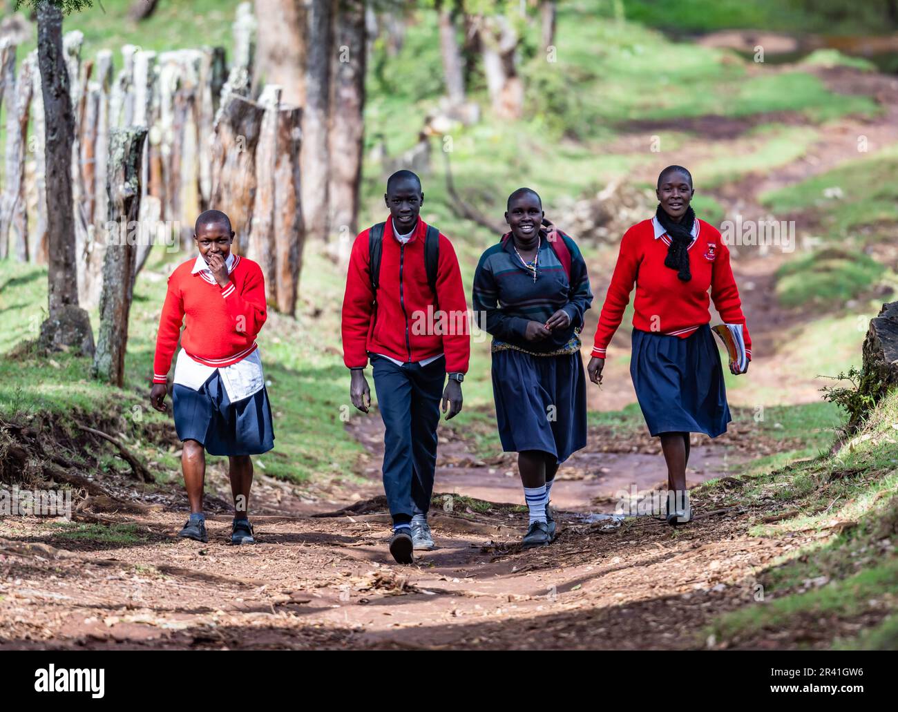 Four young students in school uniform walking on a country road. Kenya ...
