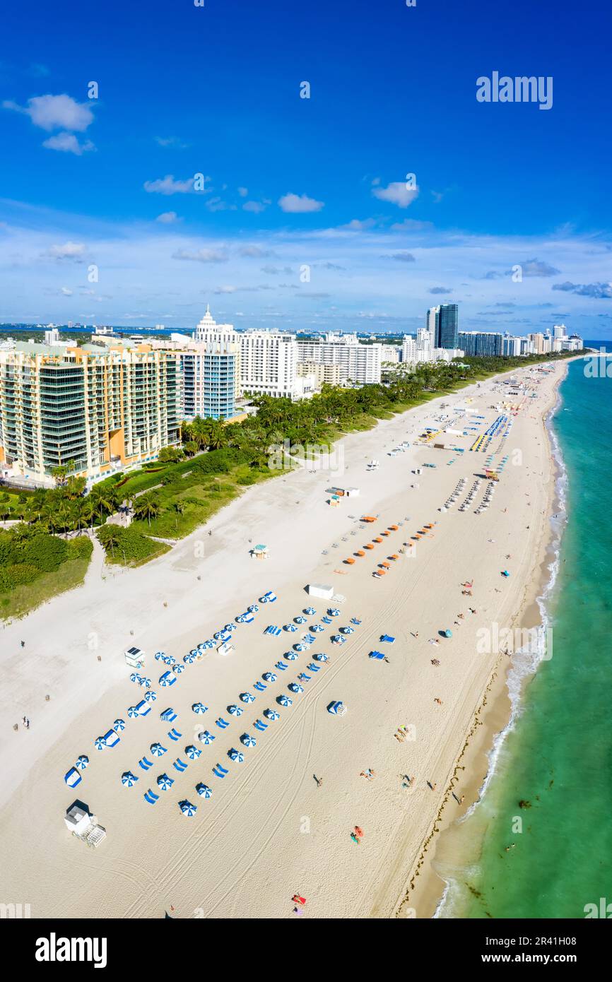 Aerial view of beach and sea portrait vacation in Miami Beach Florida ...