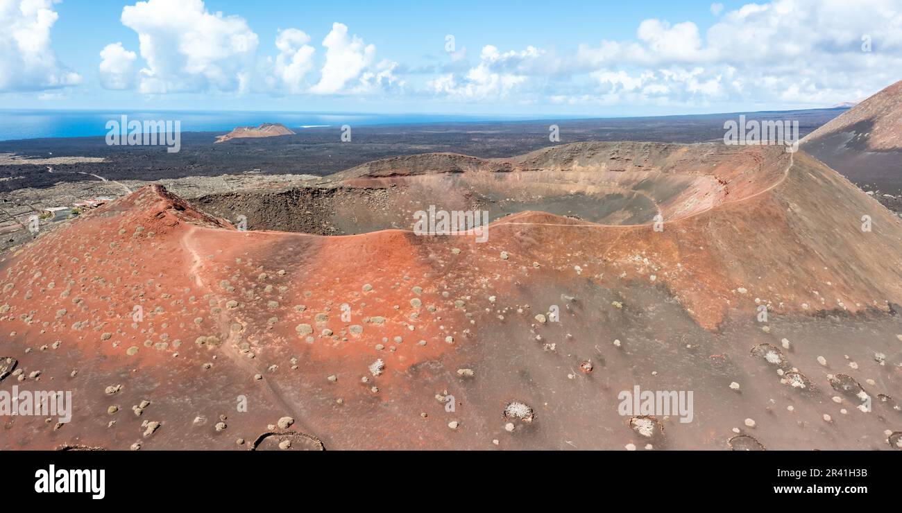 Volcano crater in Timanfaya National Park on Lanzarote island panorama ...