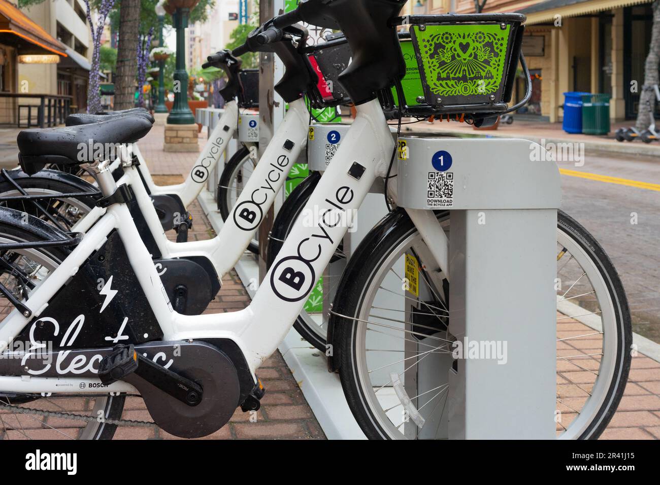 San Antonio, Texas, USA – May 9, 2023: BCycle electric bicycles sharing rental station in ...