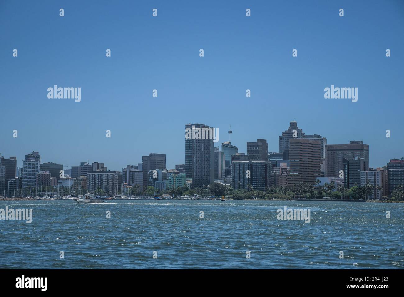 Durban skyline building and tower taken from Indian ocean South Africa ...