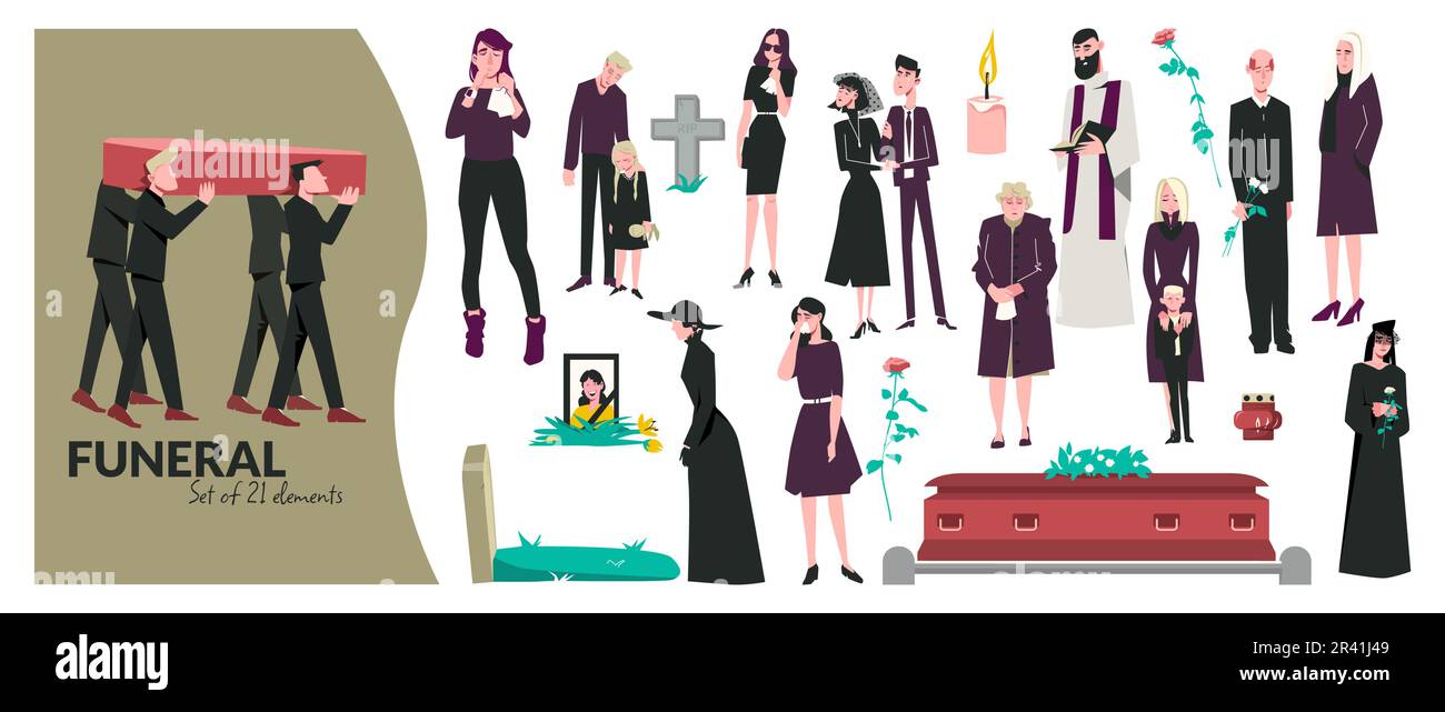 Funeral death flat icon set figures of weeping grieving relatives ...
