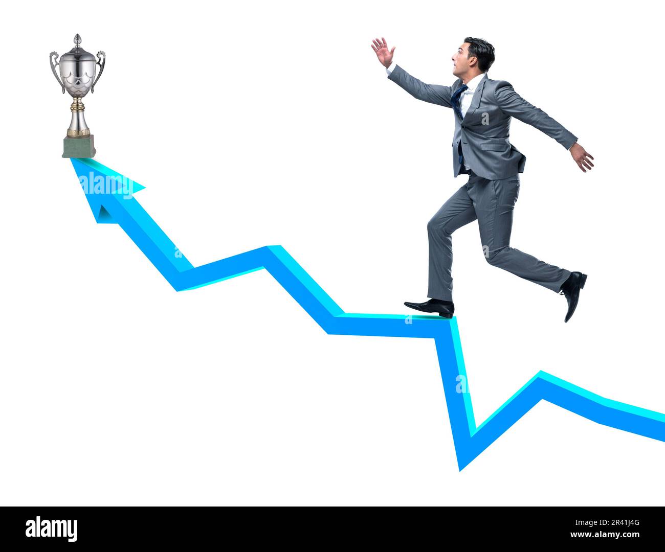 Businessman running towards prize cup trophy Stock Photo - Alamy