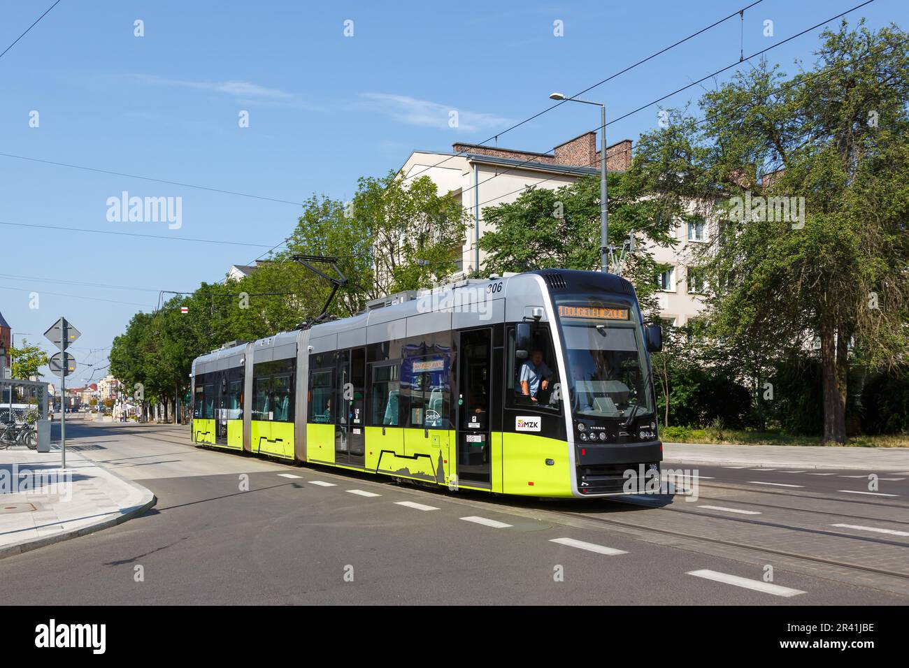 Tramway streetcar type Pesa Twist at the stop Katedra public transport ...
