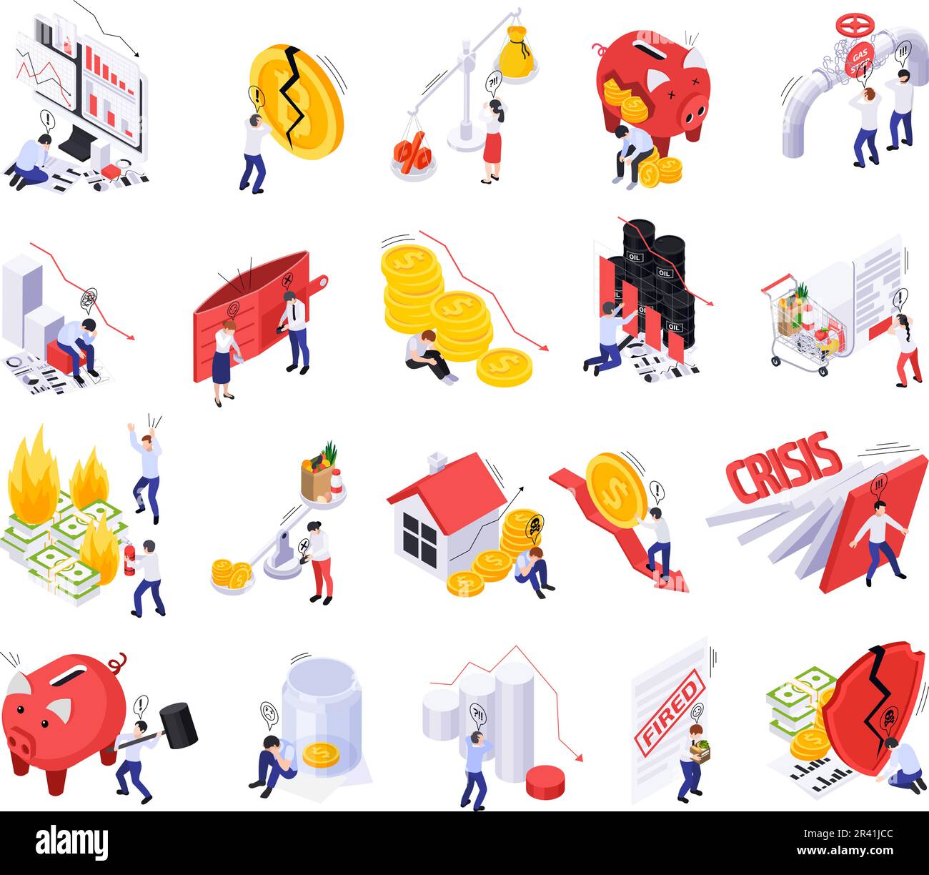 Financial crisis inflation isometric set with isolated icons of ...