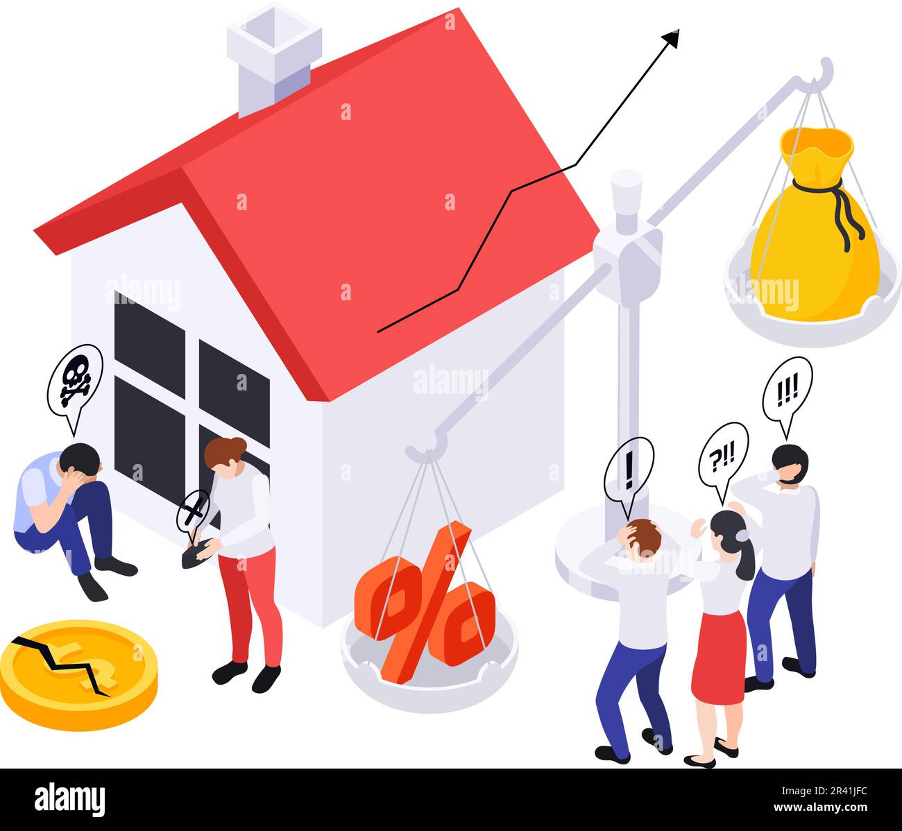 Financial crisis inflation isometric composition with icons of cracked ...