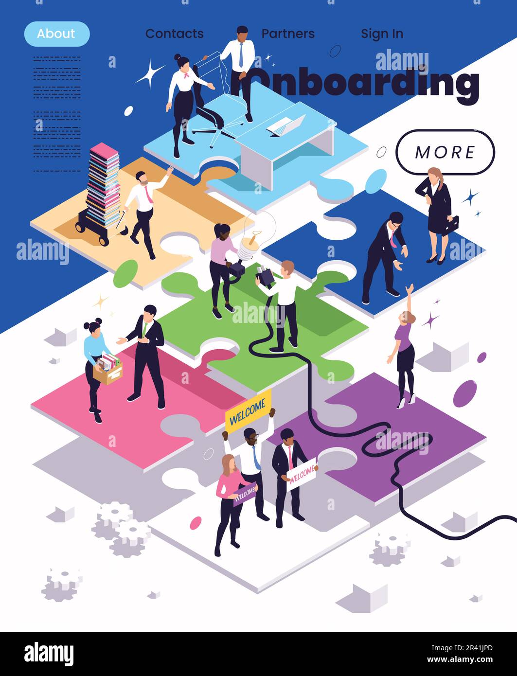 Onboarding concept isometric web page with staff welcoming and helping ...