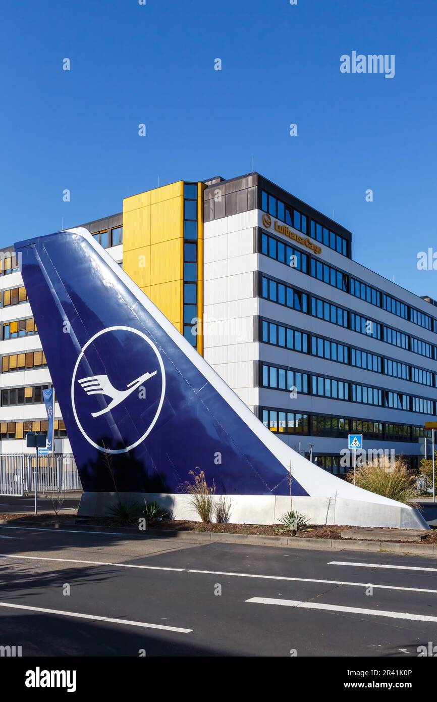 Aircraft tail unit at Lufthansa base portrait at Frankfurt airport in ...