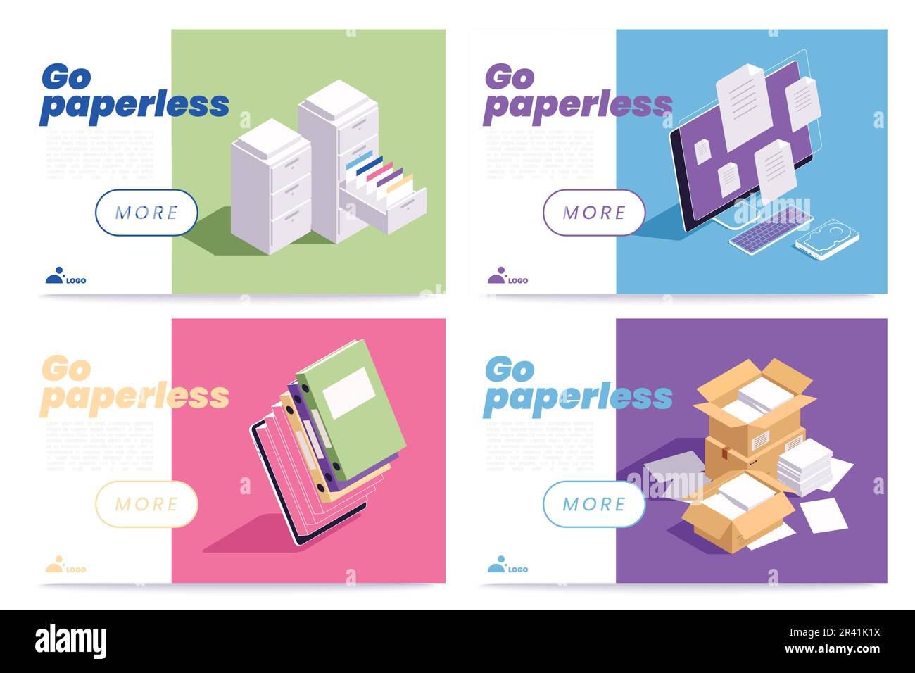 Go paperless isometric horizontal web banners set with digital and ...